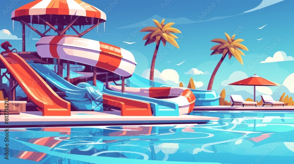 This cartoon modern illustration depicts an amusement aquapark with ...