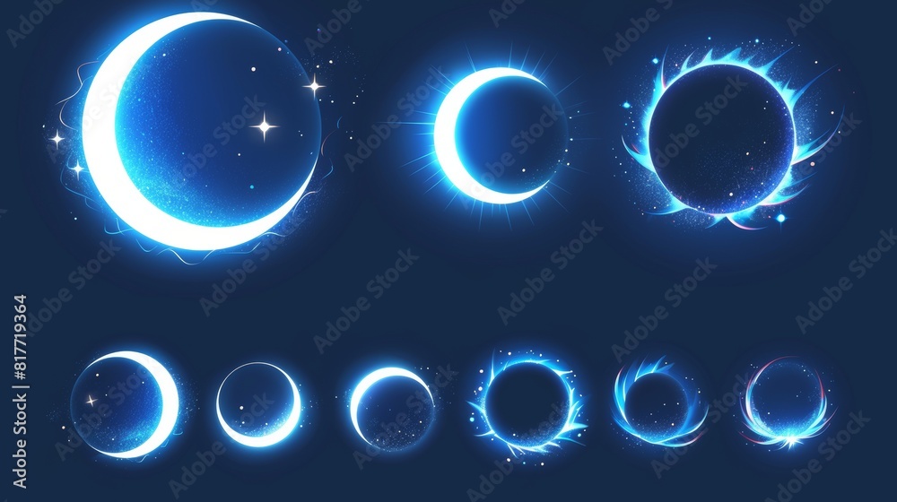 An illustration set depicting the stages of eclipse of the sun by the ...