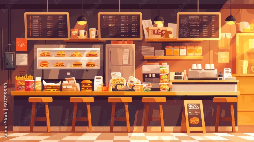 An interior of a fast food cafe with burgers and a counter. A ...