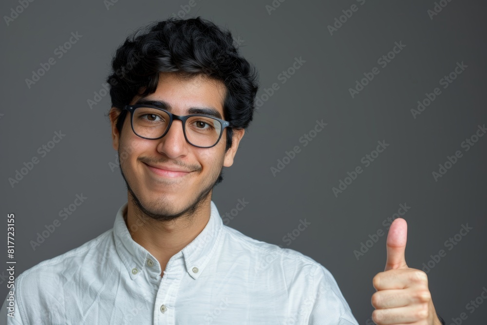 Portrait of man with spectacles, thumbs up, studio success, white ...