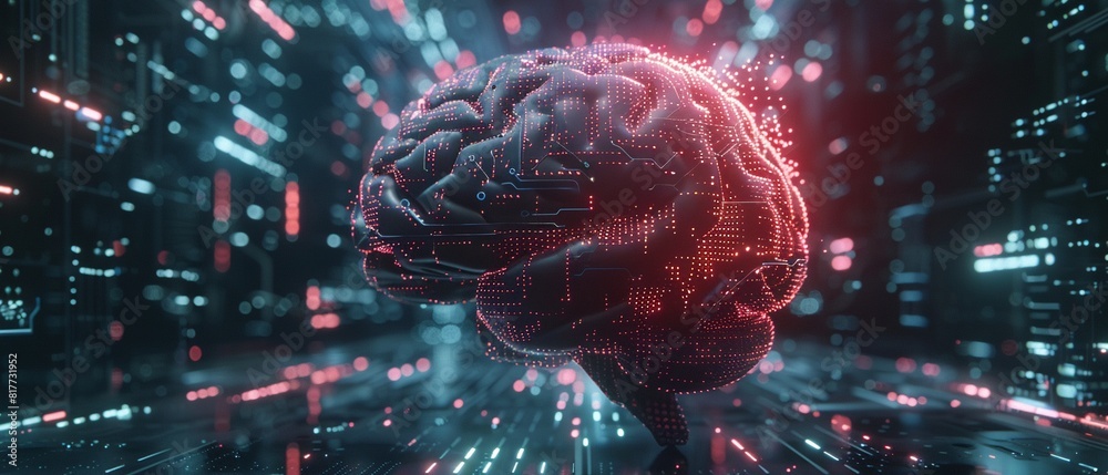 Visual metaphor of artificial intelligence with a brain made of circuitry and binary code ...