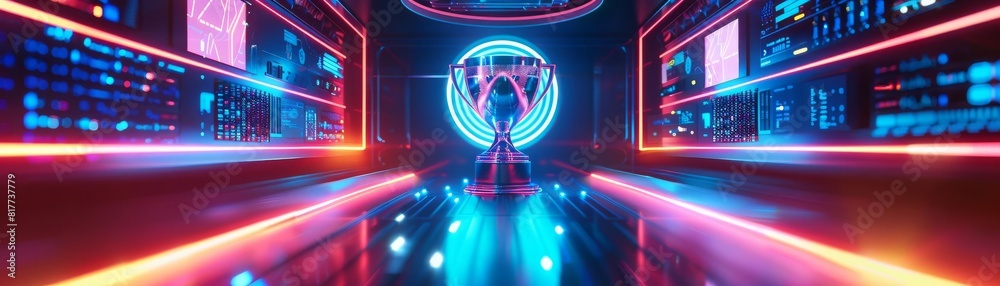 A glowing trophy showcased in a digital trophy room with neon lights ...