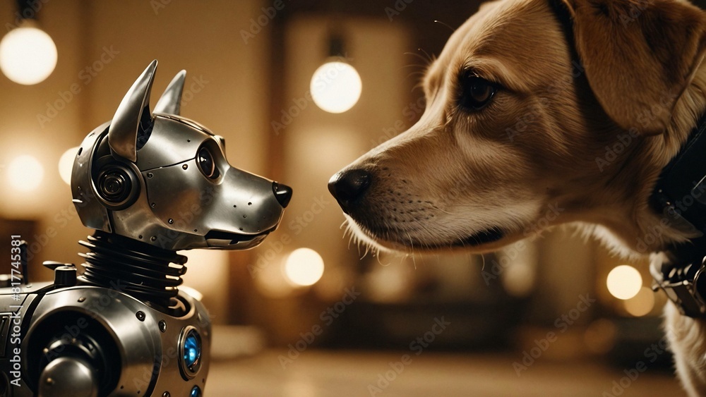 AI generated illustration of a real dog and a robotic dog face each ...