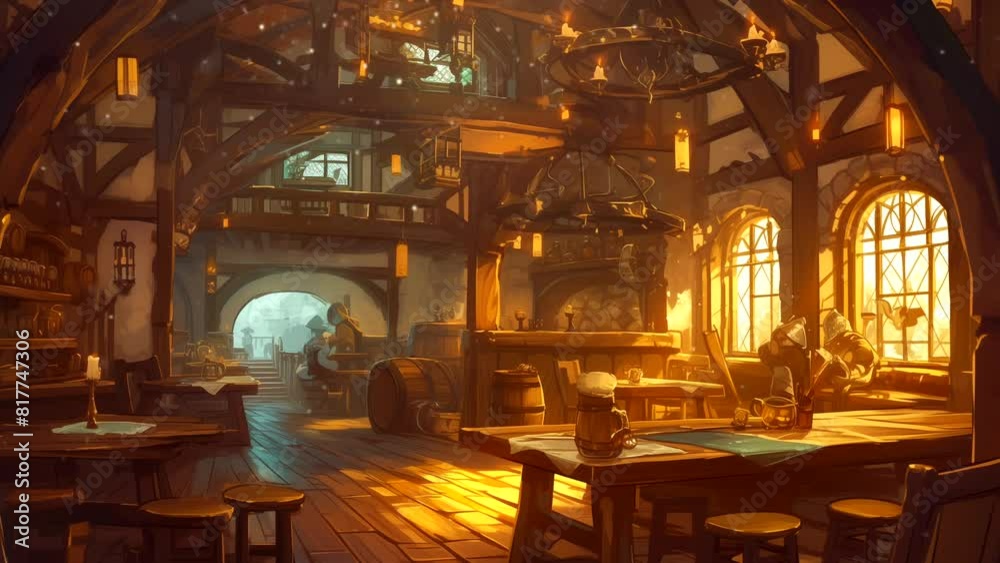 Fantasy medieval tavern interior with furniture and fireplace ...