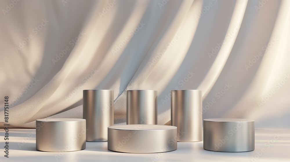 Row of silver metal podiums on a 3D stage, close up on linear ...