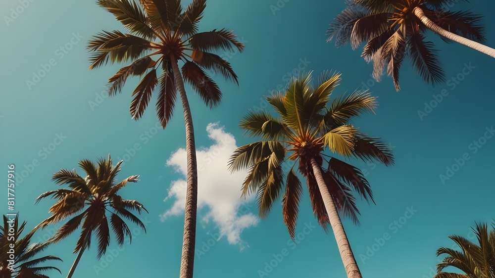 palm trees on the beach View from underneath of a blue sky and palm ...