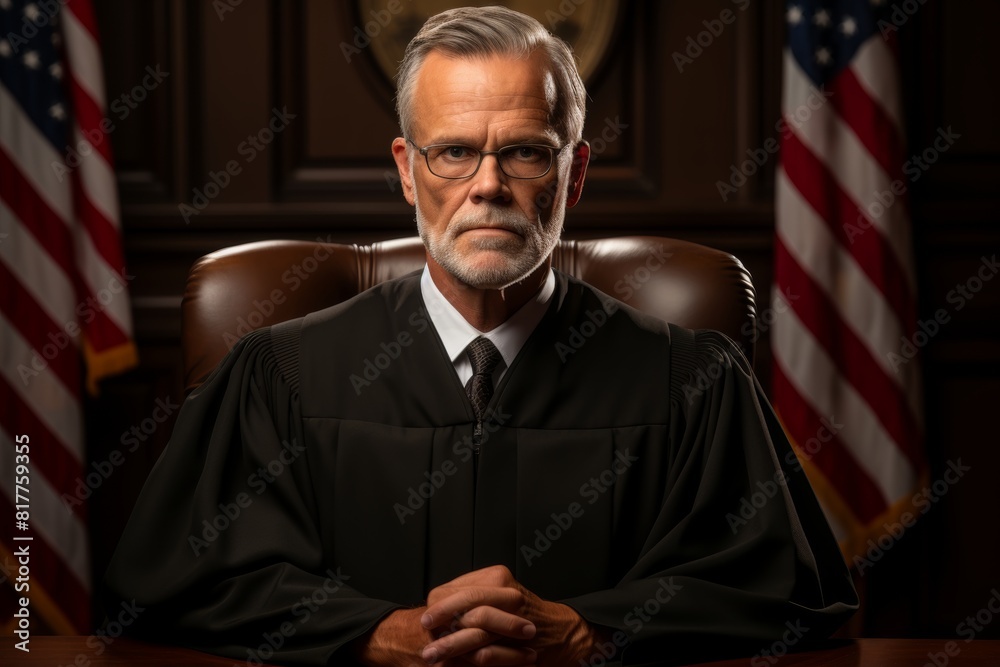 A court judge sitting behind the bench in black robes with an American ...