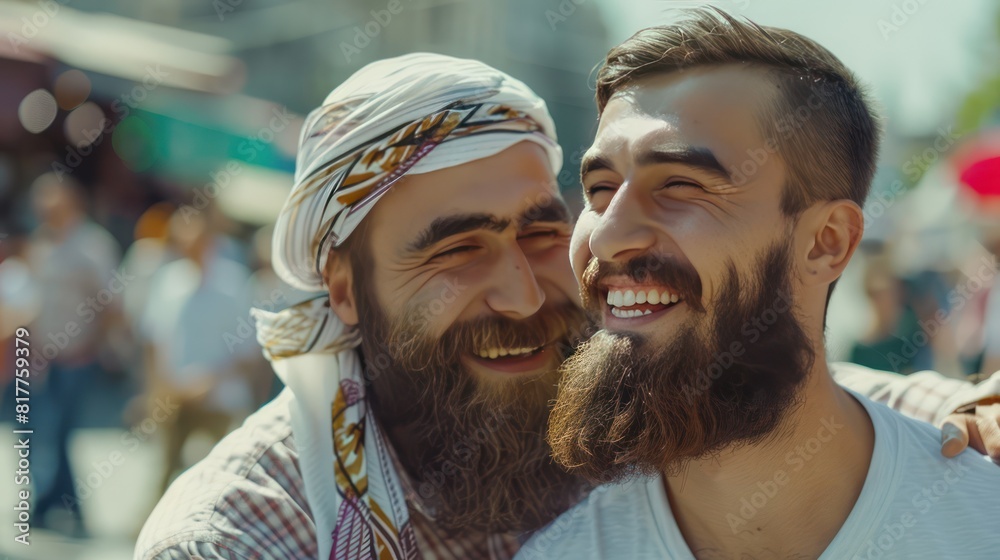 Two young Asian Muslim men with beards hug and share the happiness of ...