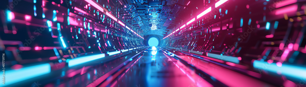 Capture a futuristic runway scene from a worms-eye view using bold ...
