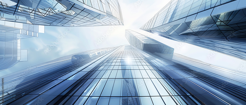 Capture the sleek, soaring lines of futuristic skyscrapers in a worms ...