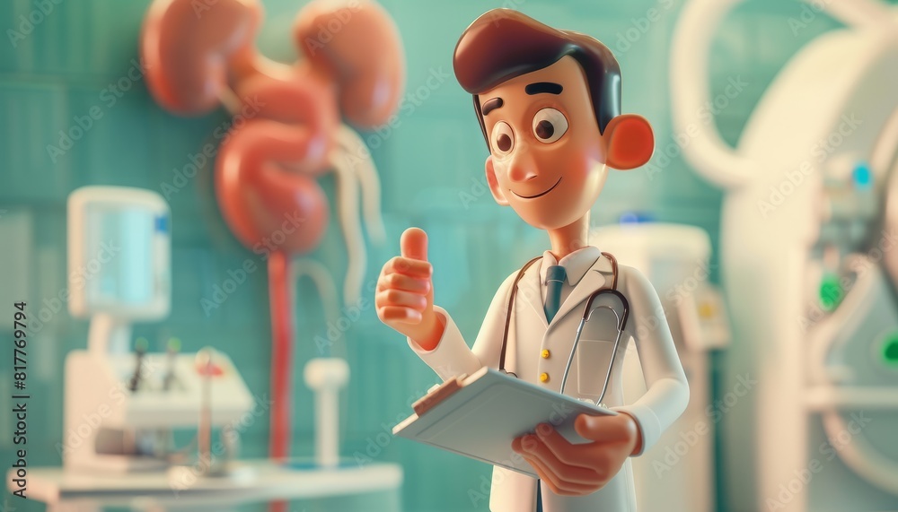 Amiable cartoon kidney doctor character holding a clipboard and giving ...