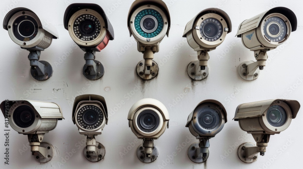 Many security cameras on a white wall. Protection and safety. CCTV ...