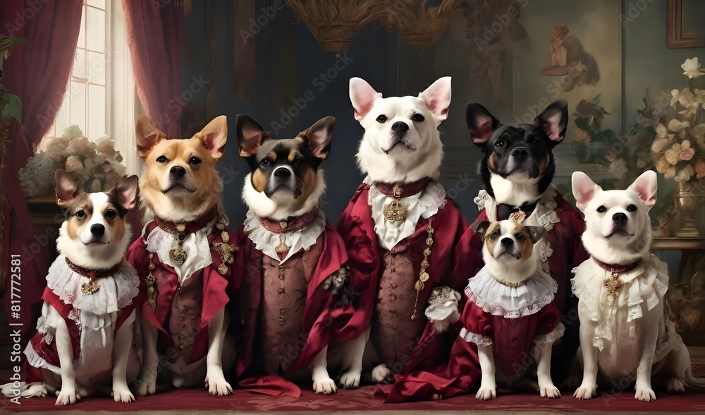 Family of dogs in royal outfits of the Victorian era. Fynny dogs. Royal ...