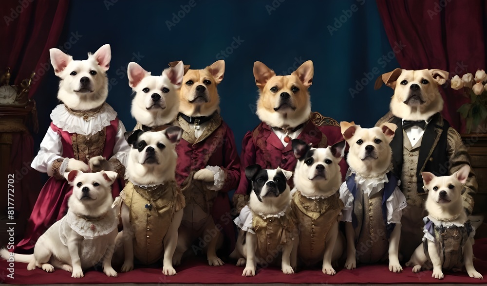 Family of dogs in royal outfits of the Victorian era. Fynny dogs. Royal ...