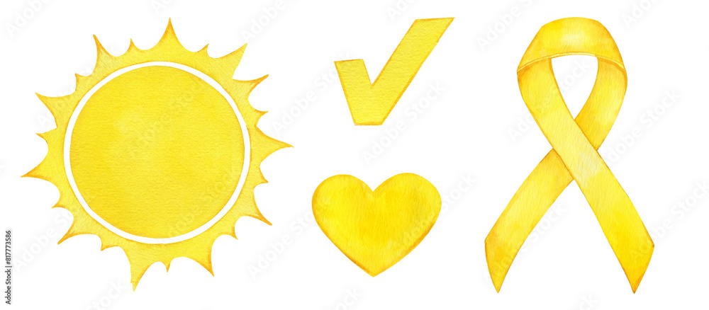 Watercolor set of yellow sun, ribbon, heart and check mark. Symbols of ...