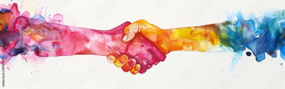 Watercolor illustration of a handshake in vibrant colors, representing ...