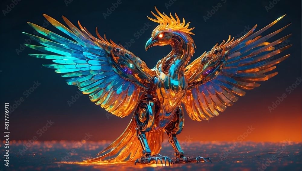 A chromatically shifting metallic phoenix, its molten feathers changing ...