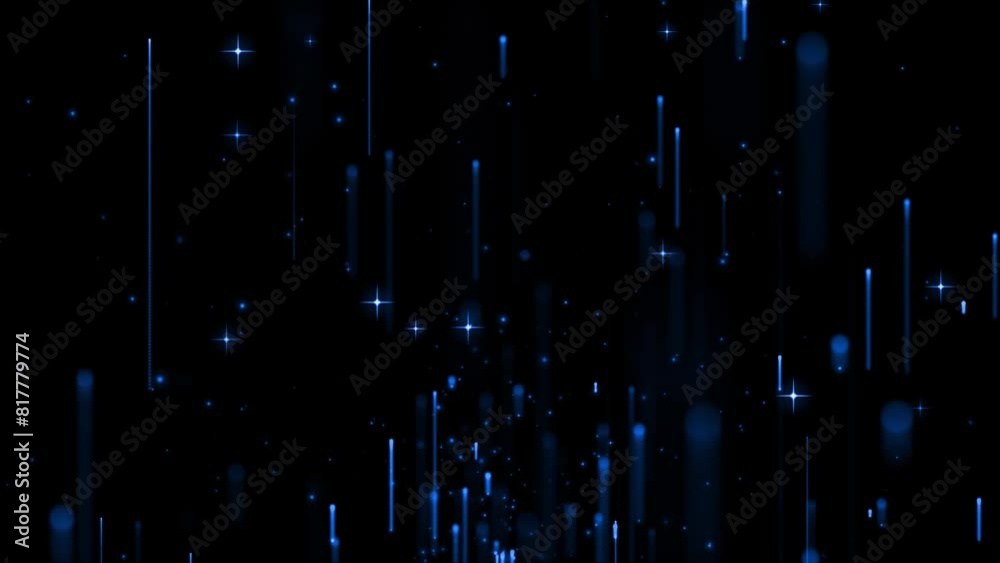Black background, blue glowing stars falling down in vertical lines ...