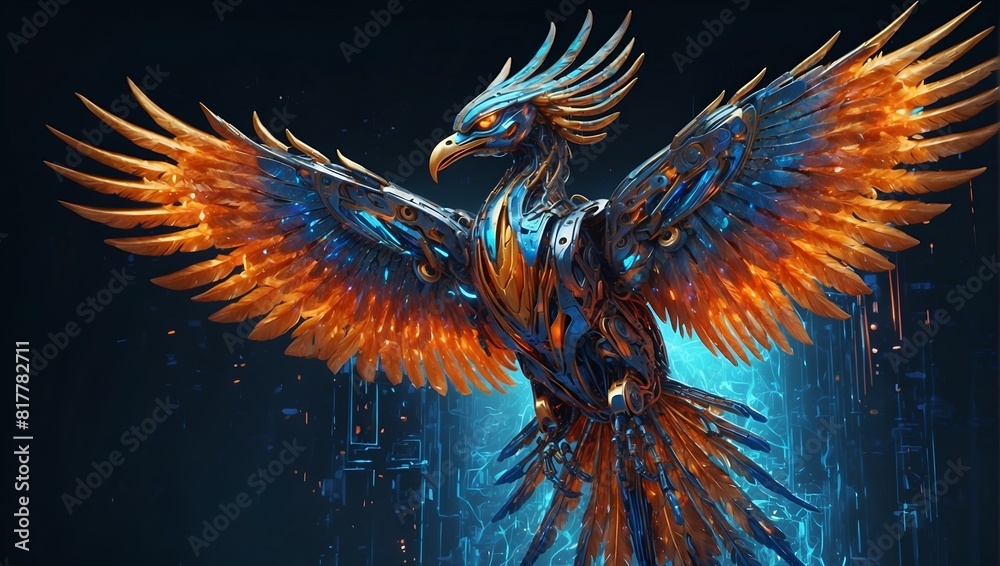 A chromatically shifting metallic phoenix, its molten feathers changing ...
