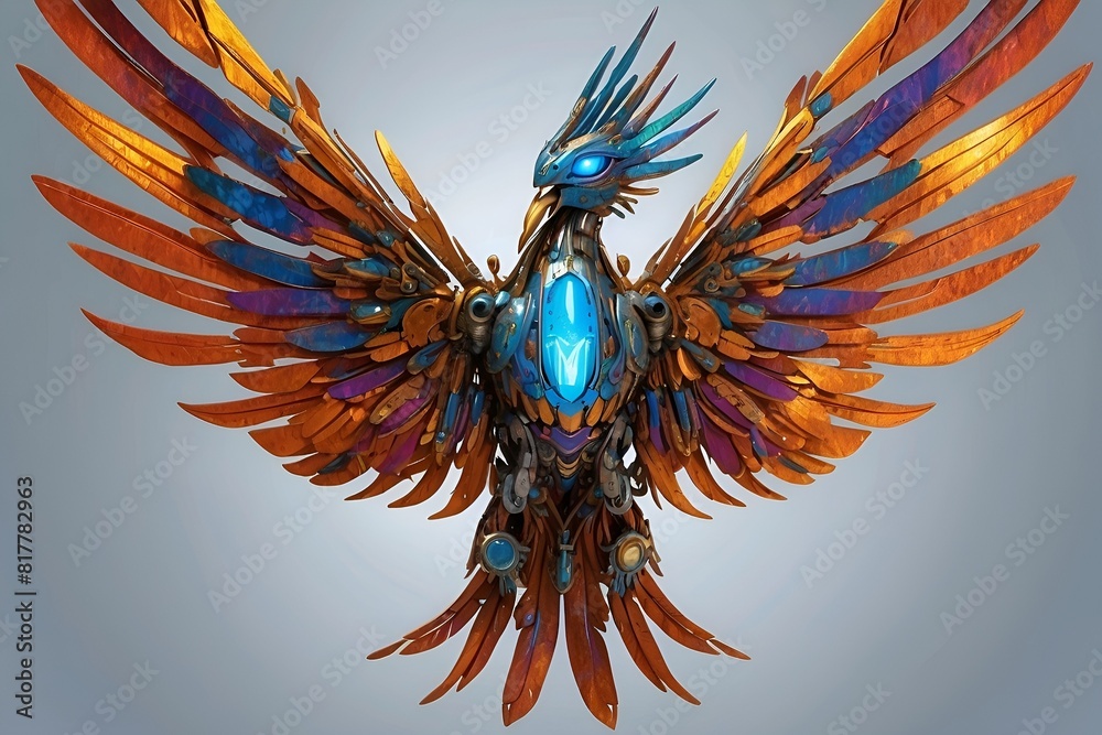 A chromatically shifting metallic phoenix, its molten feathers changing ...