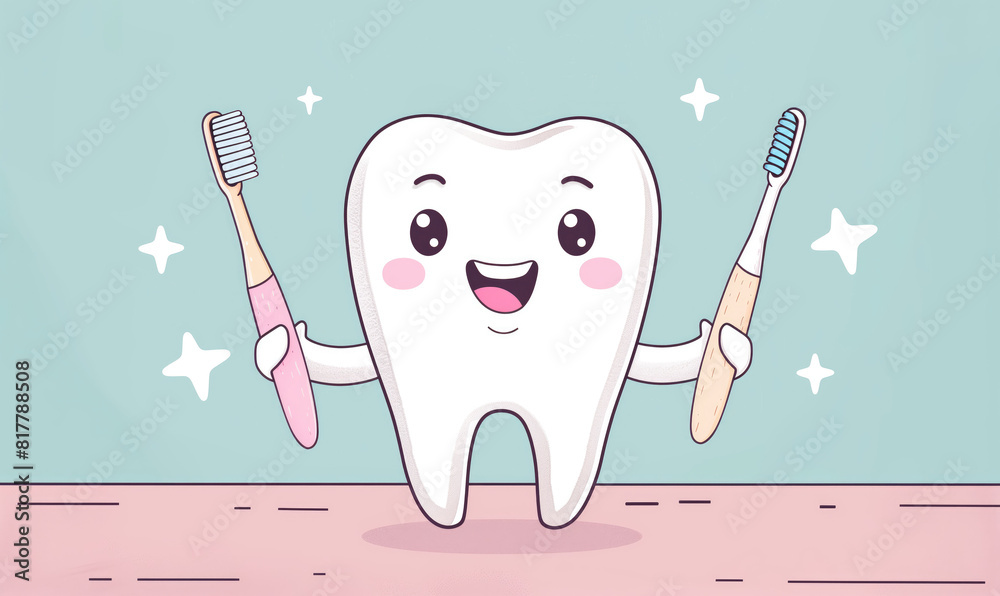 ภาพประกอบสต็อก Dibujo 2D de una muela ilustrada sujetando dos cepillos ...