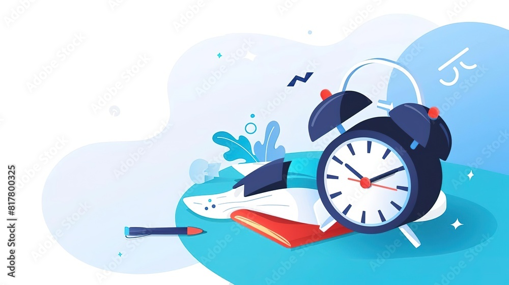 Create a professional, 2D illustration of an alarm clock sitting on a ...