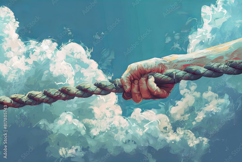Painting of two hands pulling a rope in the sky Stock Illustration ...