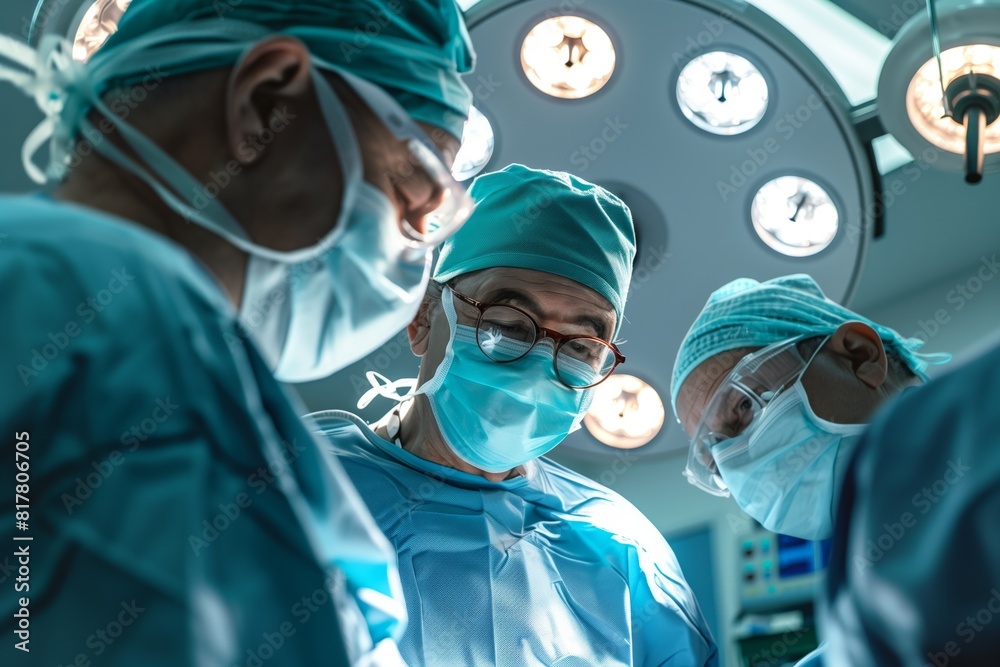 Close-up of surgeons in an operating room performing surgery under ...