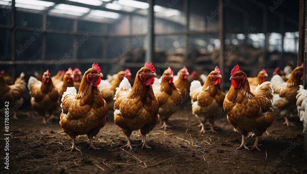 Chickens and eggs. Modern poultry farm features a coop with a flock of ...