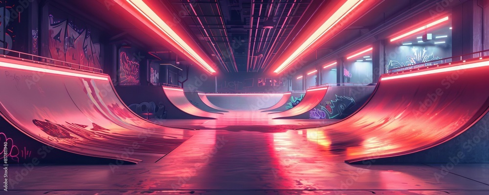 Urban skatepark, front view, hoverboarding among digital ramps and LED ...