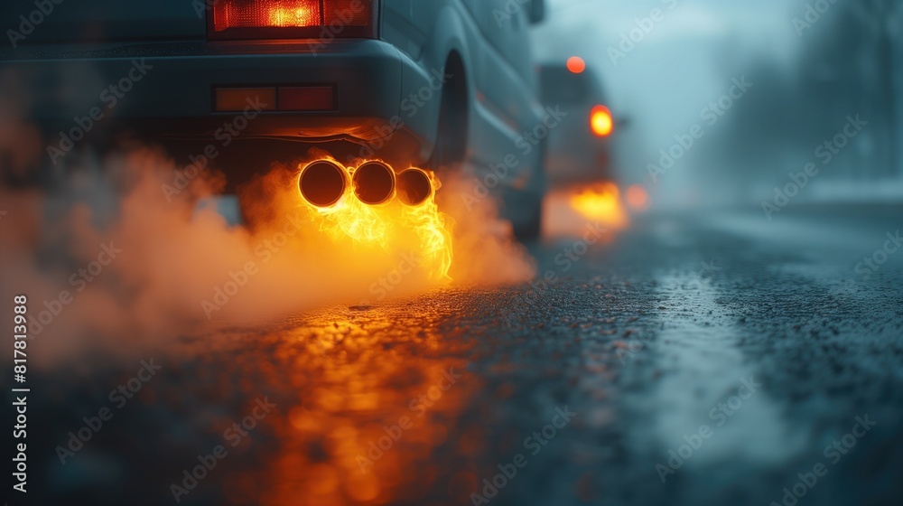 A close-up shot captures the emissions coming from the exhaust pipe of ...