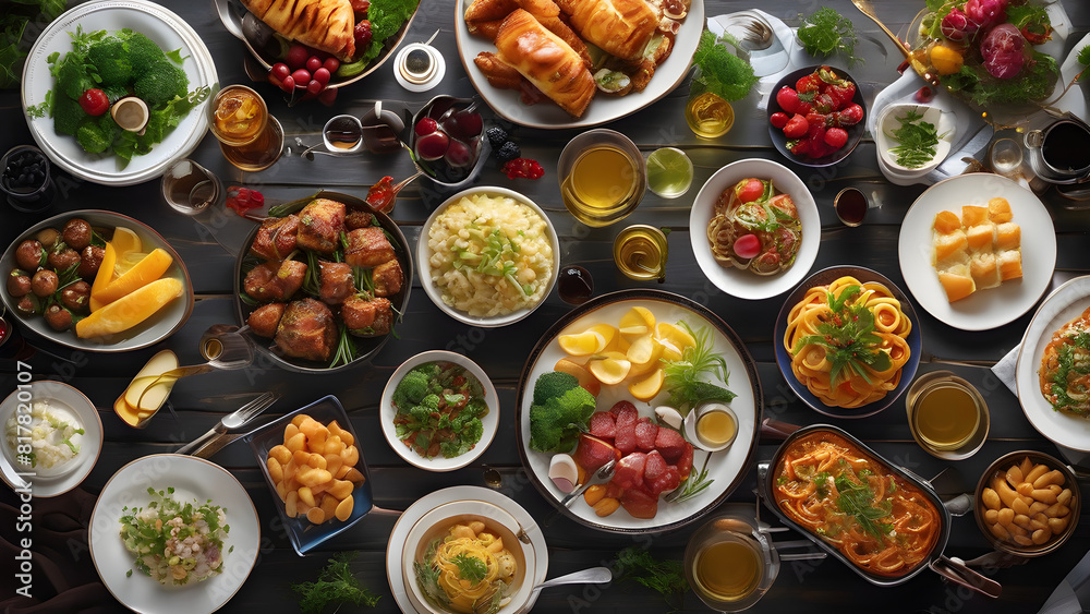 set of kinds of food on the table, table setting with multiple foods ...