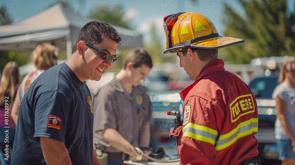 Firefighter Community Outreach: At a local event, firefighters engage ...