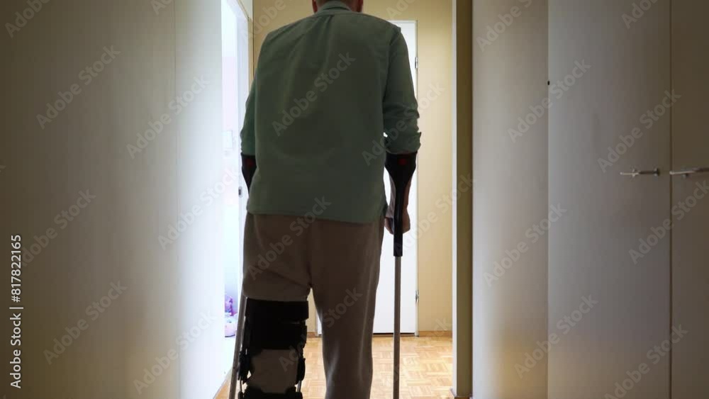 Middle-aged man with leg injury walking on crutches at home. Man ...