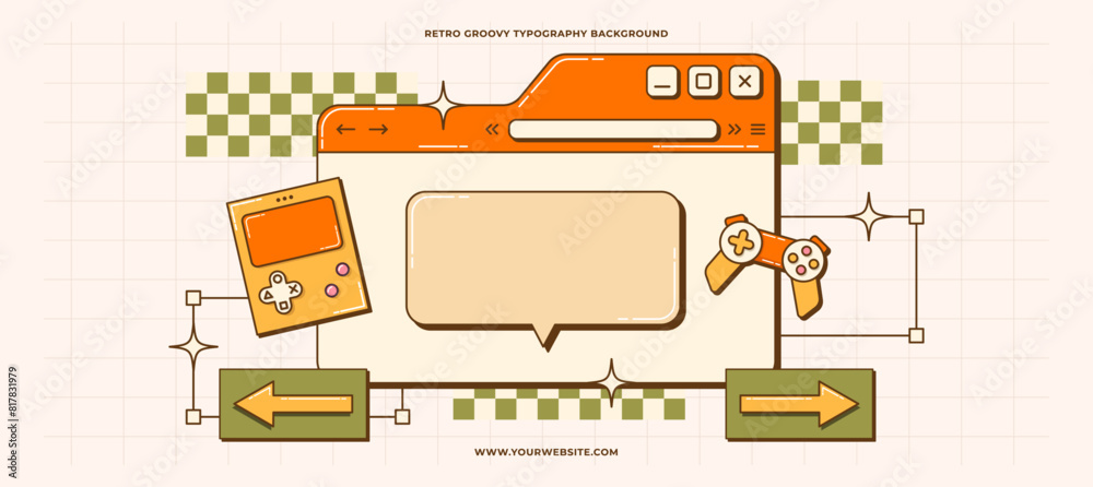 70s retro user interface typography background. Vaporwave old computer gaming elements, browser ...