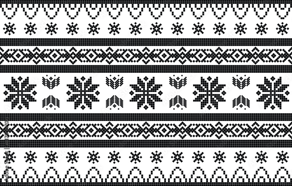 Seamless ethnic pixel pattern in black and white color. Tribal vector ...