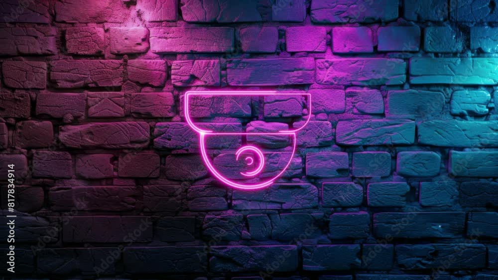 Video footage of Pink glowing Dome camera, cctv sign neon icon on brick ...