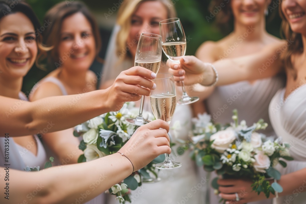 bride and bridesmaids toasting with champagne glasses Stock Photo ...