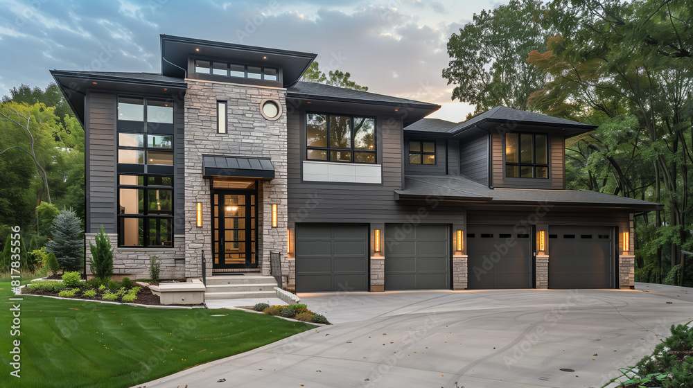 New construction home exterior with contemporary house plan features ...