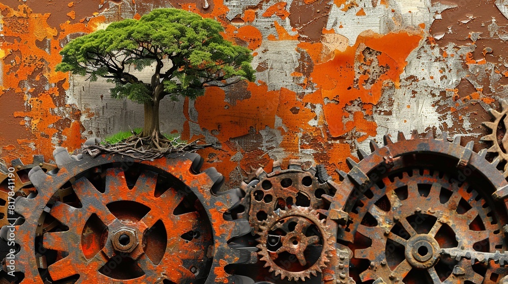 A delicate balance of nature and industry showing a small tree growing ...