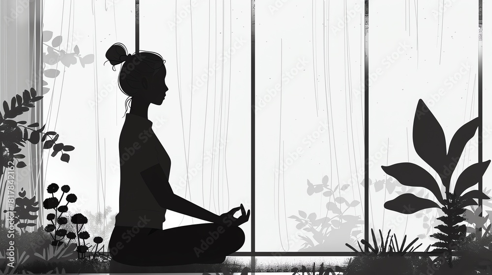 Meditation session flat design side view calming animation black and ...