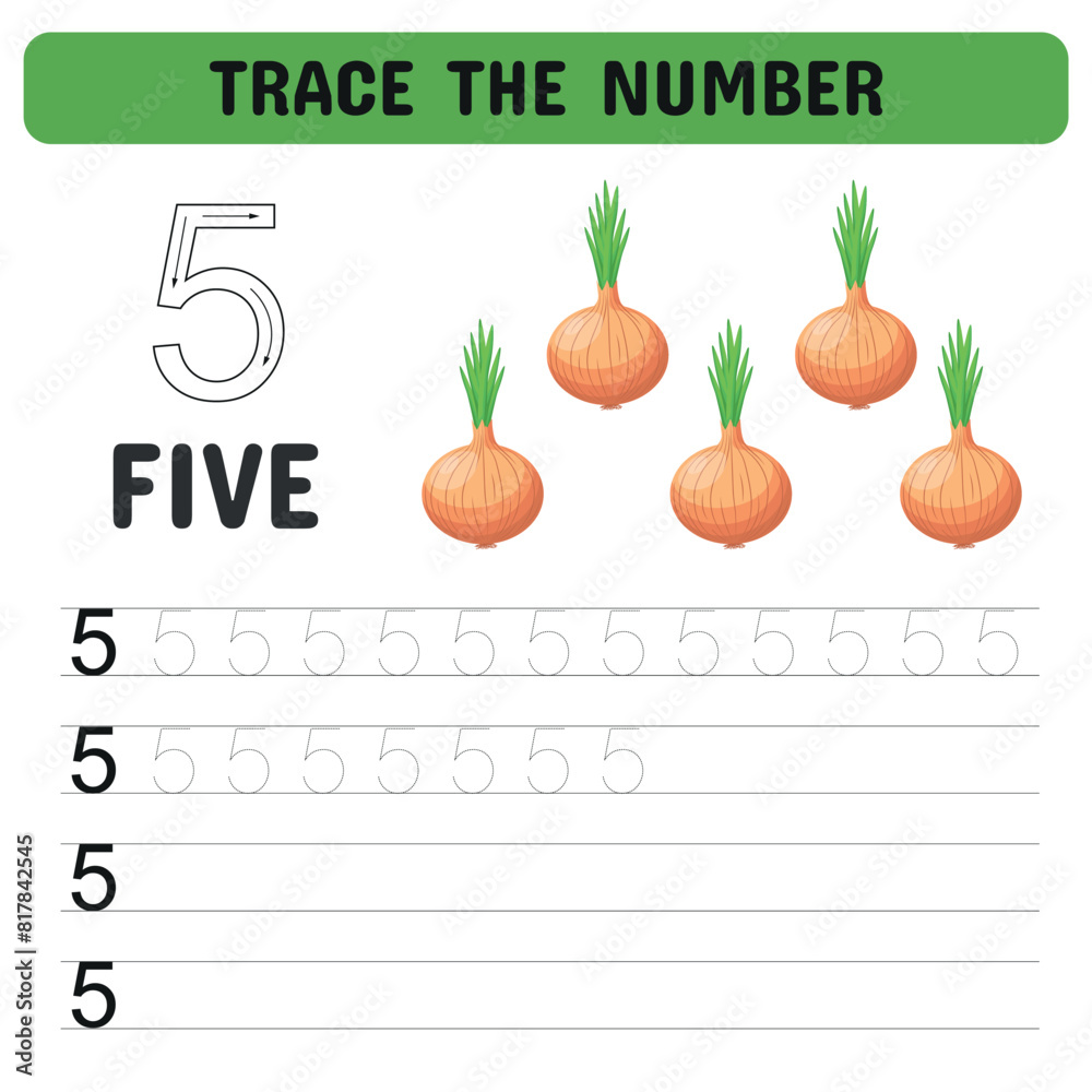 Card for learning number 5 with onions. Tracing number worksheet for ...
