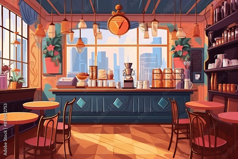 Coffee shop interior flat design side view cozy theme cartoon drawing ...