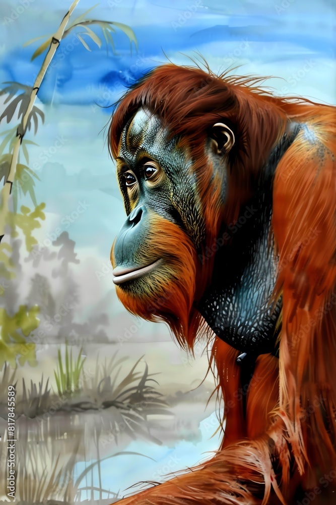 Illustrate a side profile of an orangutan using vibrant watercolors ...