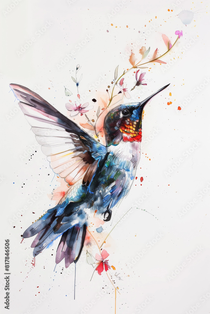 Acuarela de un hermoso colibrí en vuelo en colores amarillo, turquesa ...
