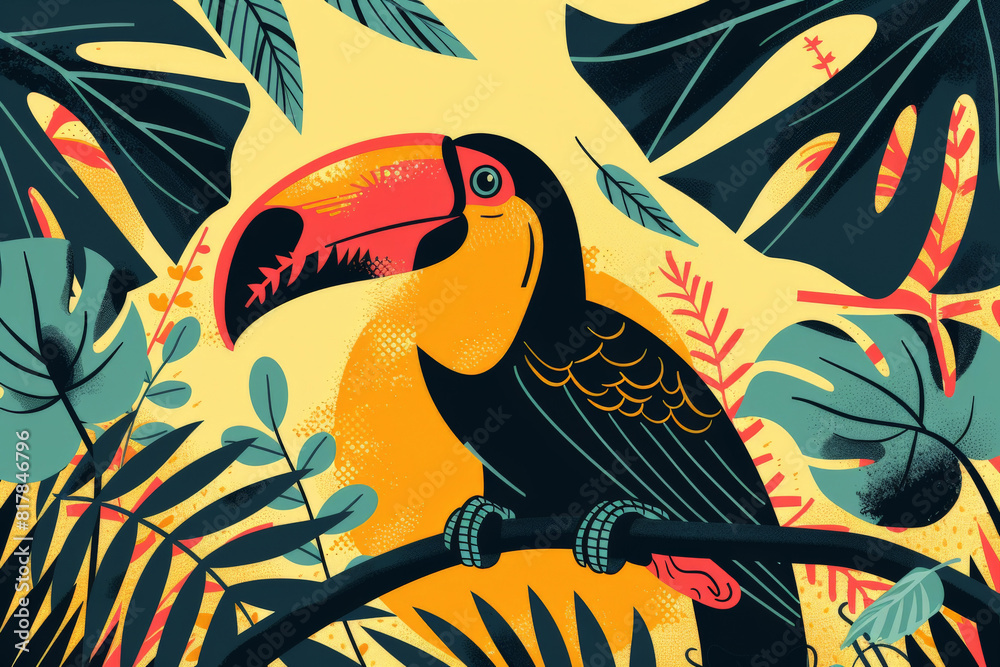Ilustracion retro de un tucan de colores posado en una rama de un arbol ...