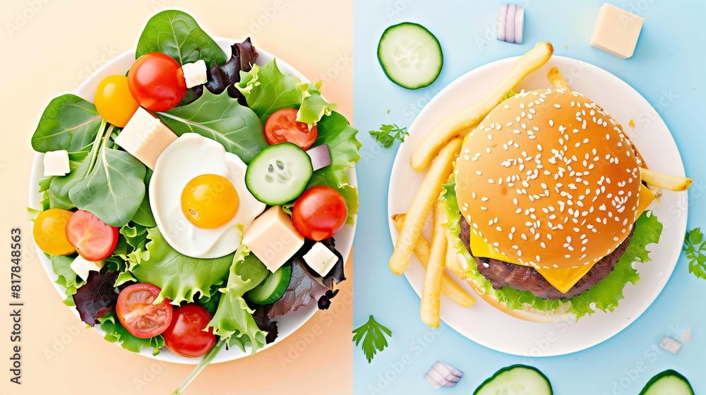 Healthy Food vs. Junk Food: Overhead Comparison of Fresh Salad and ...