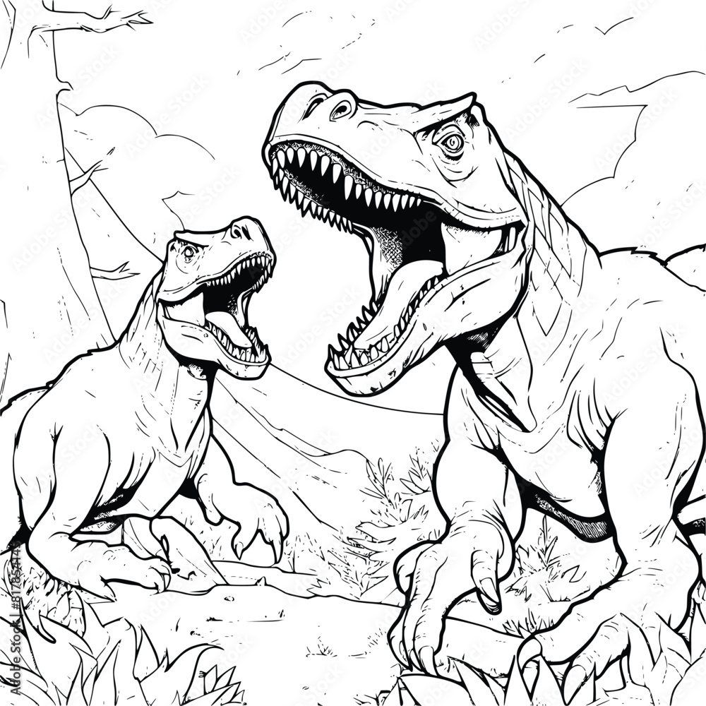 Dinosaurs Fighting Coloring Pages for Kids Stock Vector | Adobe Stock