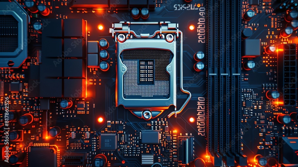 Hightech motherboard layout detailed with capacitors resistors and ...