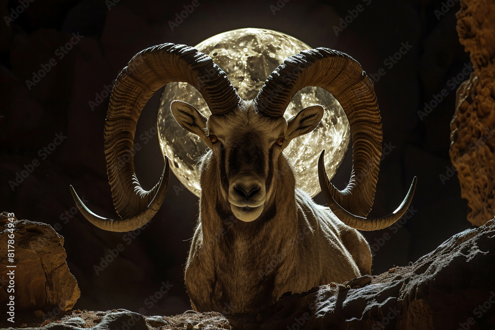 Foto de Create an image of the moon's soft glow shining through the massive, curved horns of a ...